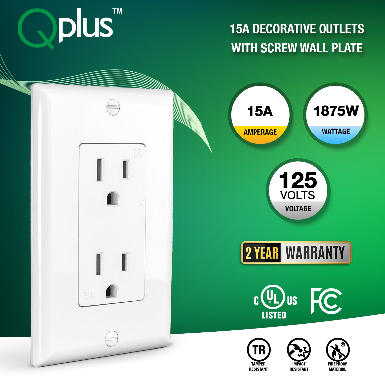 15A Wall Outlet - Residential & Commercial Use, UL/cUL Listed - White