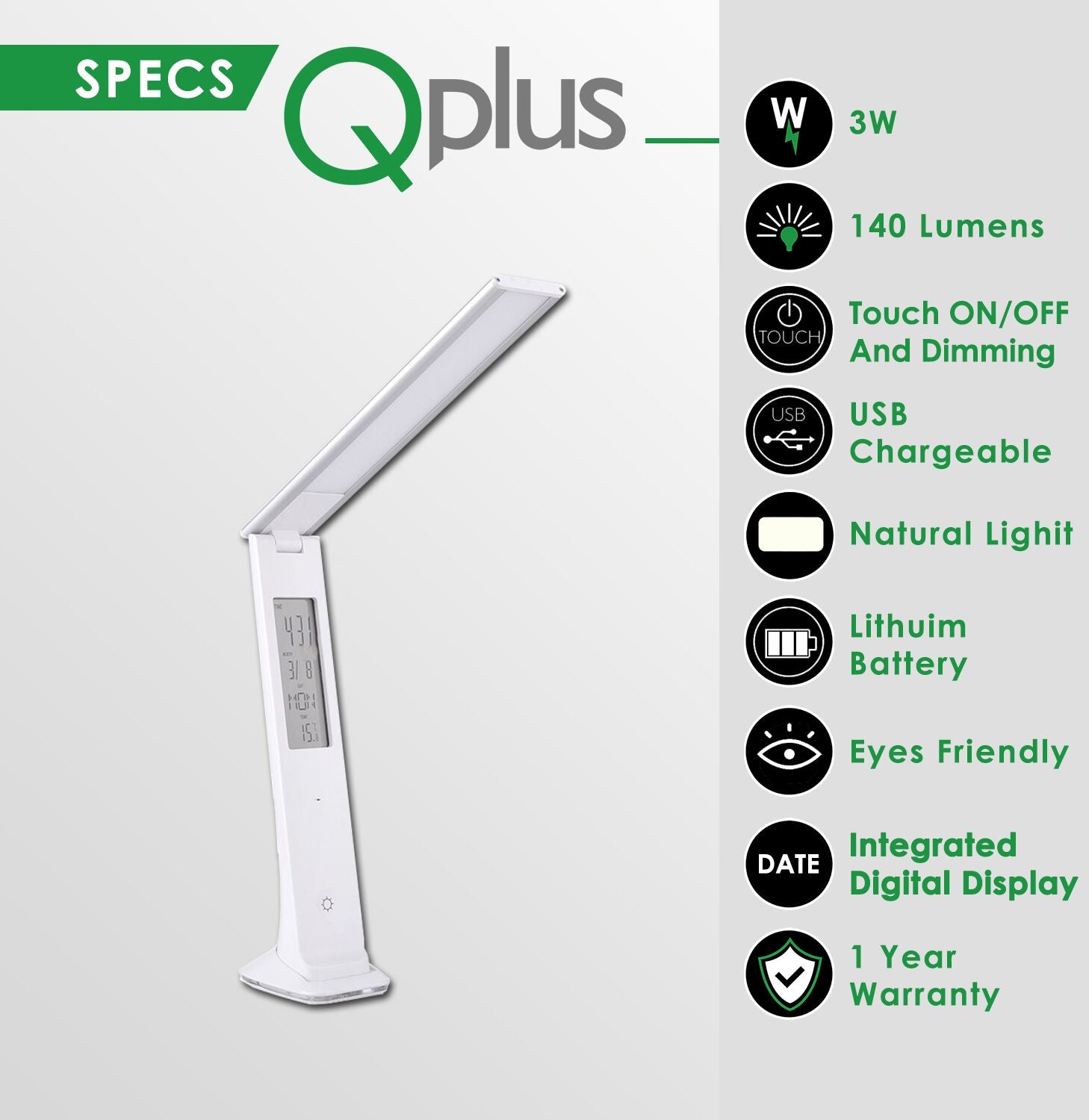 QPlus Rechargeable Elegant Slim Style LED Desk Light With Digital ...