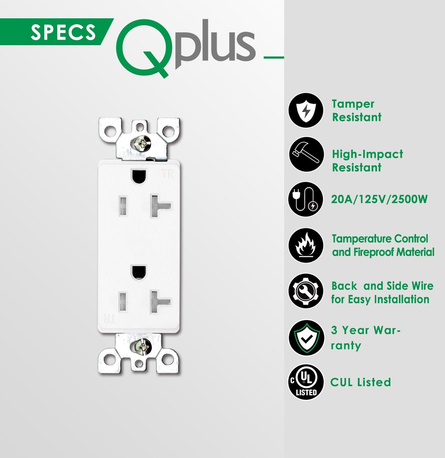20A Wall Outlet - Residential & Commercial Use, UL/cUL Listed - White